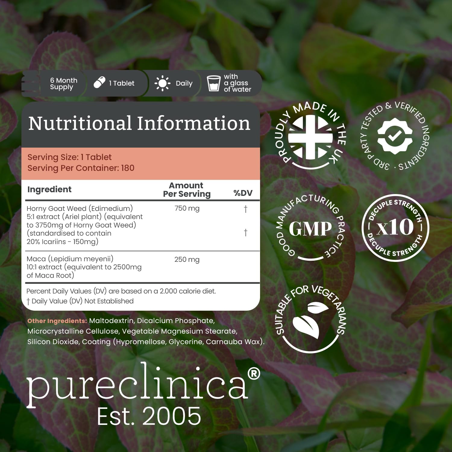 pureclinica 10X Horny Goat Weed & Maca Extract 6250mg x 180 Tablets (6 ...